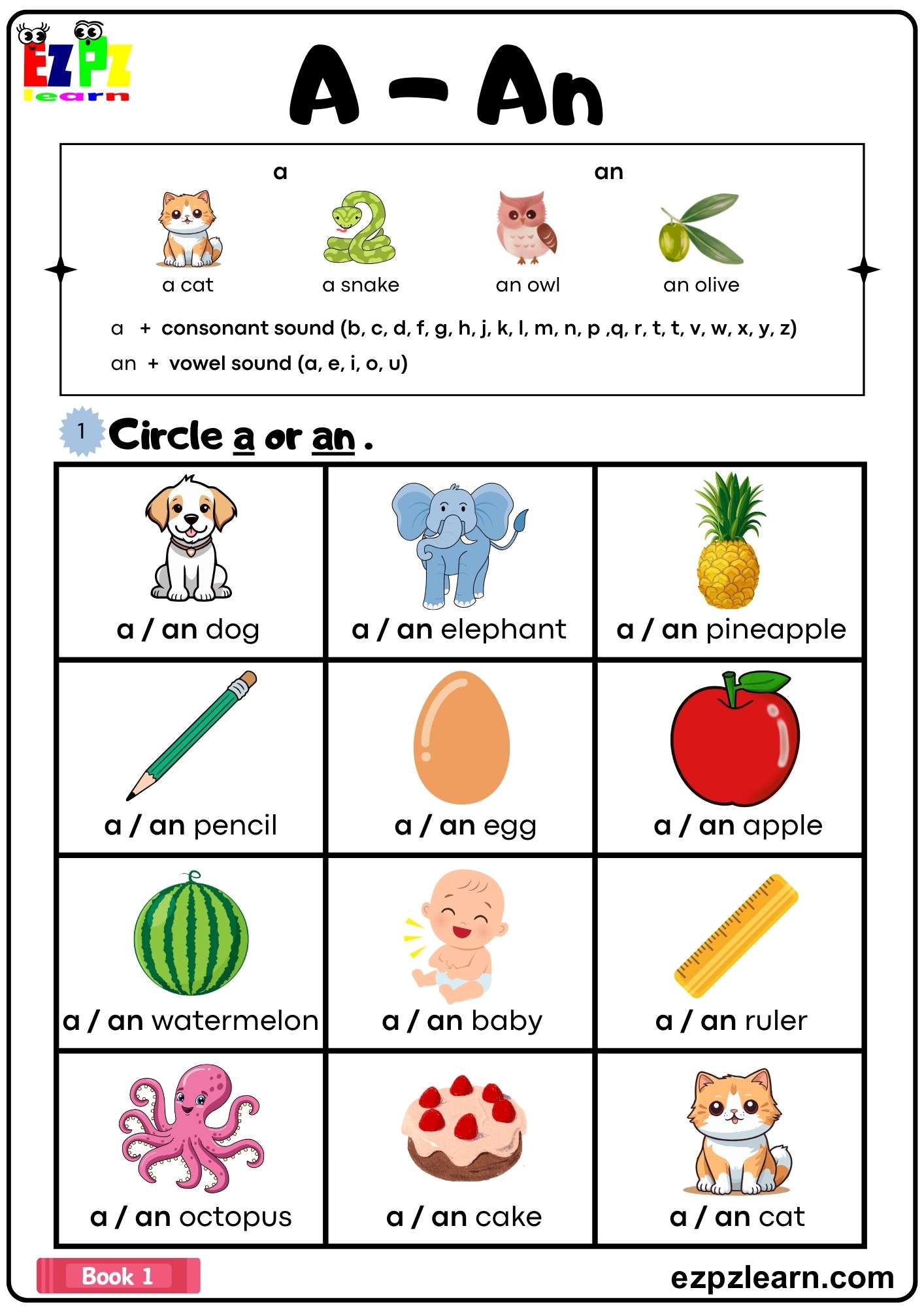 Articles A/ An Circle the Correct Answer Grammar Worksheet Book 1 - Ezpzlearn.com